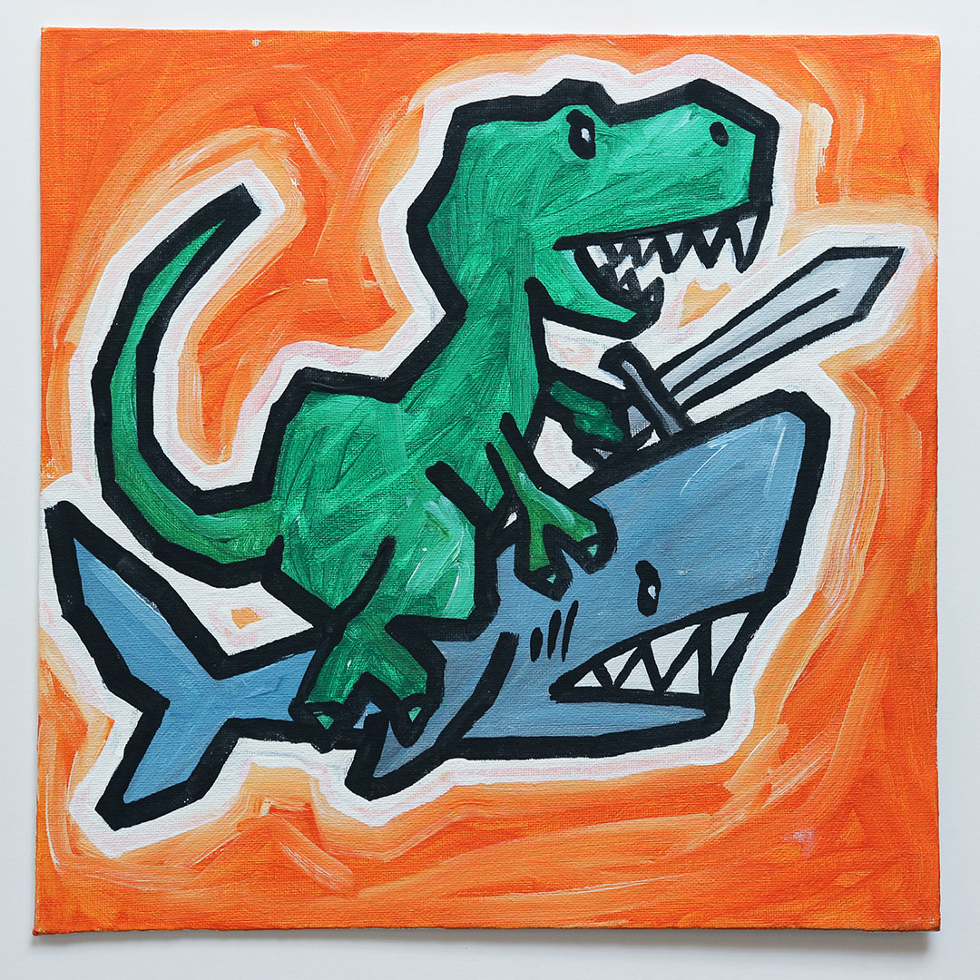 Tyrannosaurus Rex Holding a Sword Riding a Shark - Ali Spagnola
